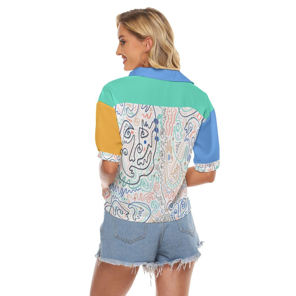 "Soul Scribbles Inverse" - Women's V-Neck Button Up Shirt – All Around Artsy Fashion