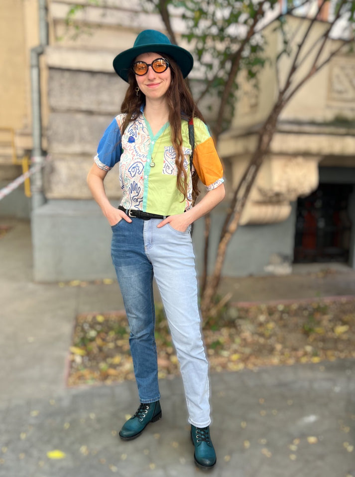 "Soul Scribbles Inverse" - Women's V-Neck Button Up Shirt – All Around Artsy Fashion